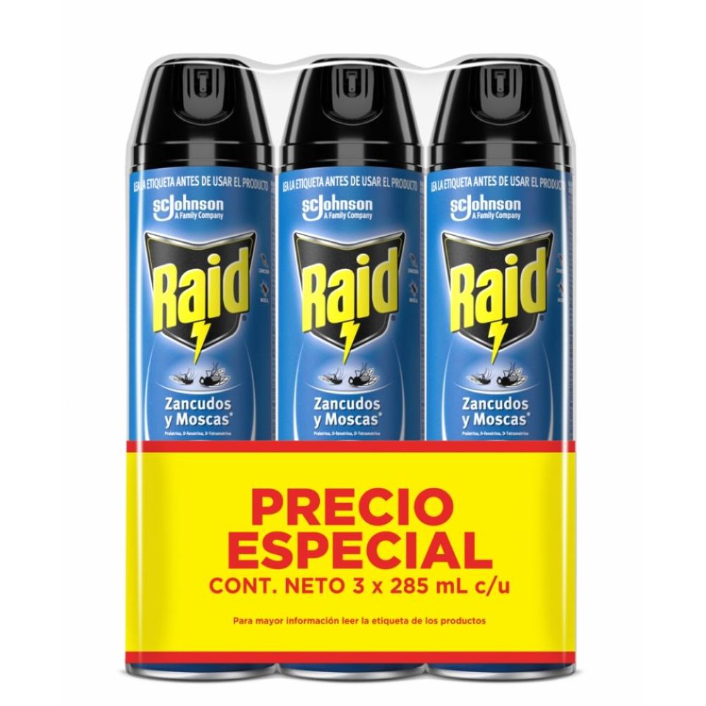Insecticida Raid Aerosol Mata Moscas y Mosquitos 3 pack 855ml - Olímpica