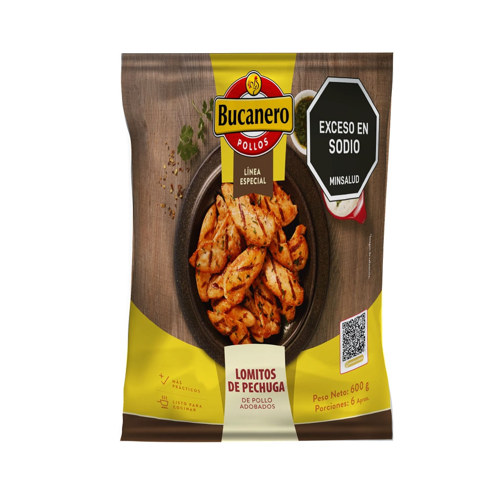 Lomitos de Pechuga de Pollo Adobados x 600g marca Bucanero - Olímpica