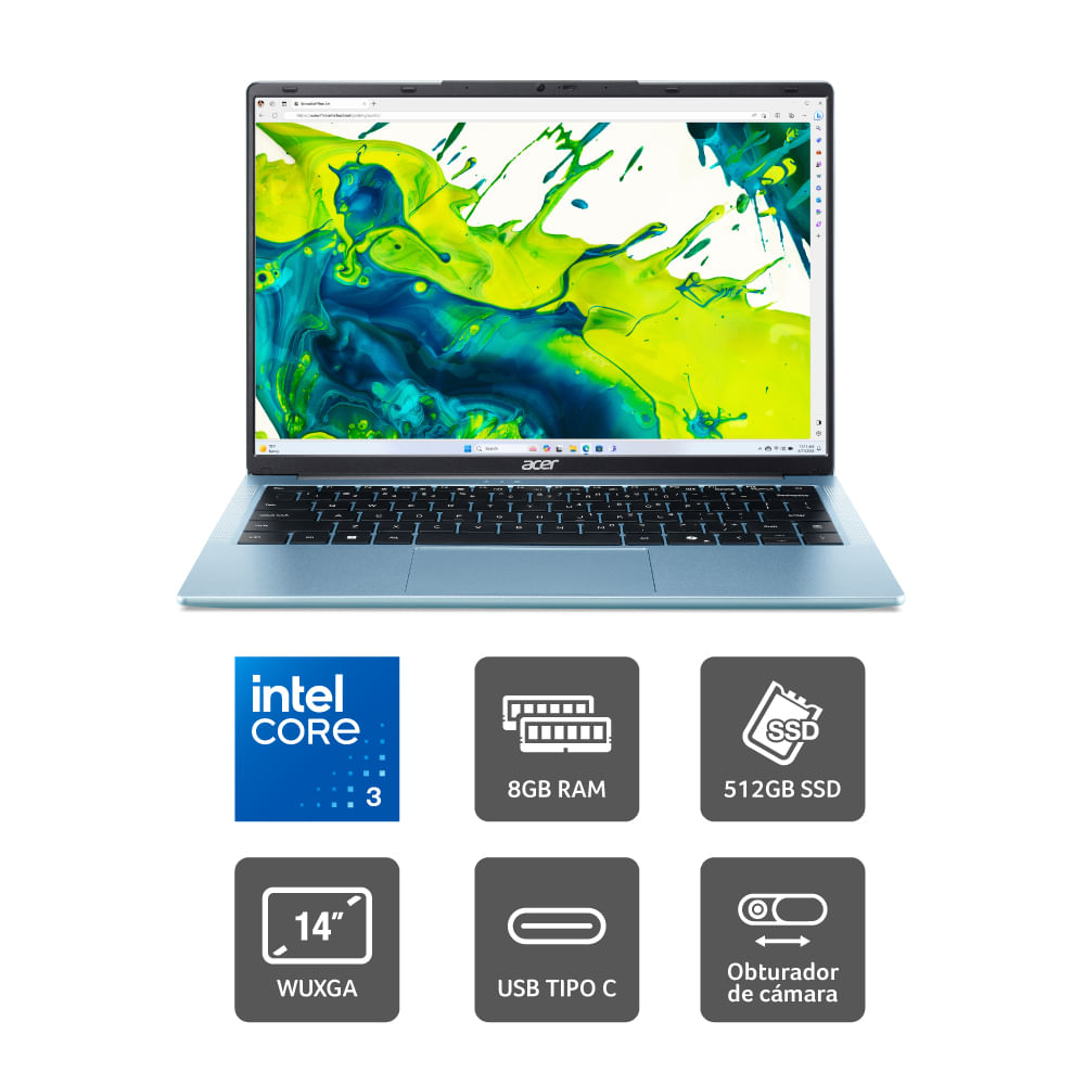 PORTATIL ACER ASPIRE INTEL C3 N355 8GB RAM 512GB SSD 14" AL14-32P-390X ...
