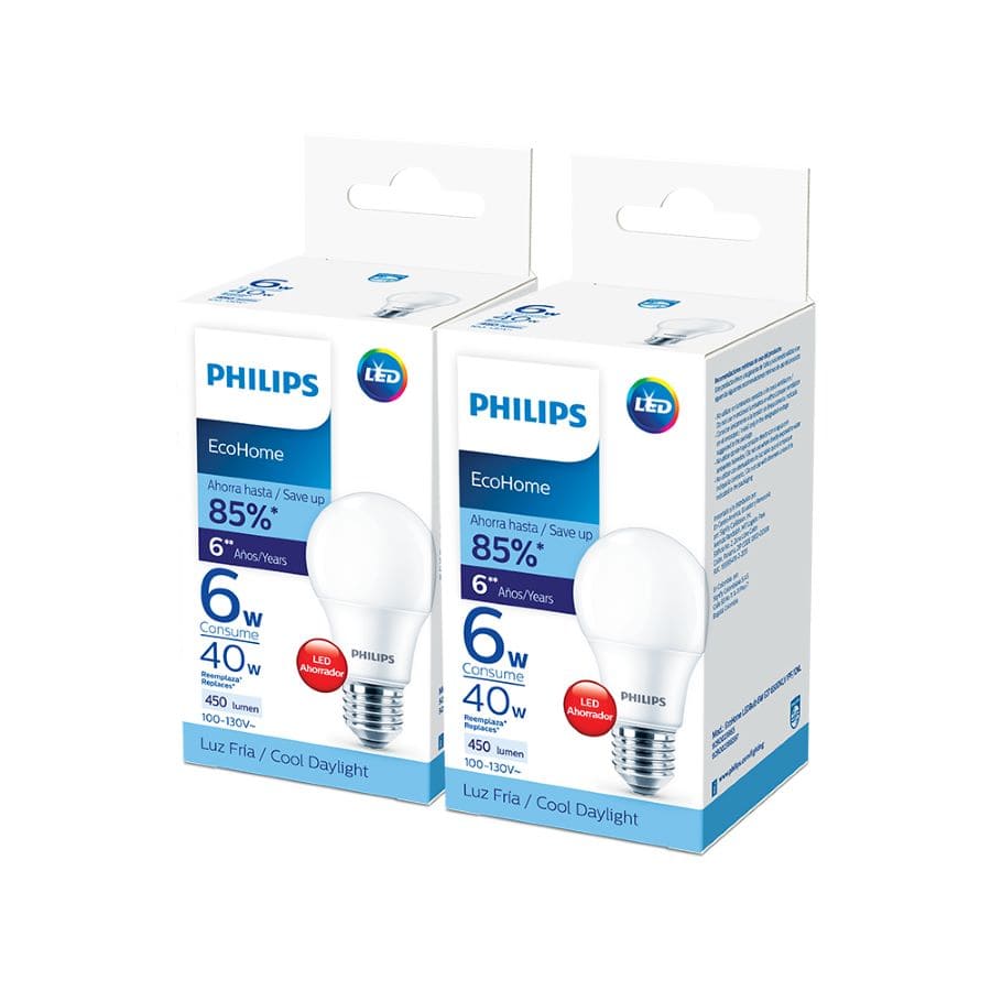 BOMBILLO PHILIPS PACK X 2 - LED 6W - LUZ FRIA - Olímpica